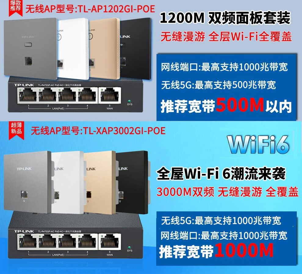 普联（TP-LINK)AC1200M面板AP套装全千兆网口路由全屋WiFi分布式墙壁大户型别墅覆盖 套餐四（5口千兆AC路由器*1+黑色色面板 ...