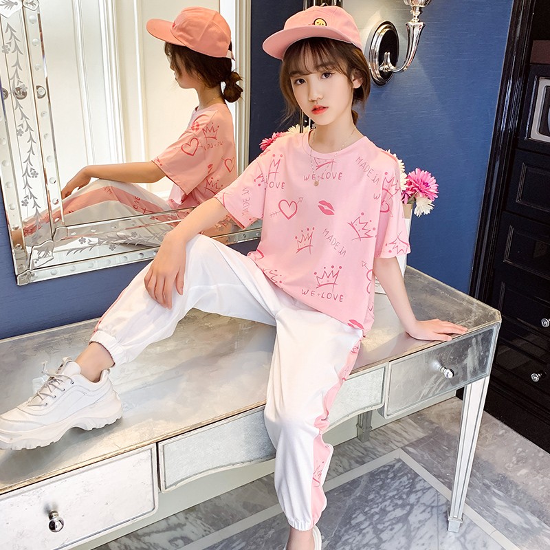 芭乐彩童装女童夏装套装2021新款儿童中大童小女孩夏季衣服时尚韩版爱心短袖T恤休闲裤两件套3-14岁 粉红色 150(建议身高140-150 ...