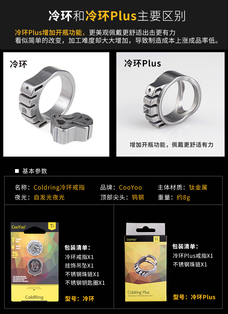 酷友 CooYoo 冷环 ColdRing 钛合金戒指 镶嵌氚气灯 防卫求生 钥匙扣 冷环 | 闲人网