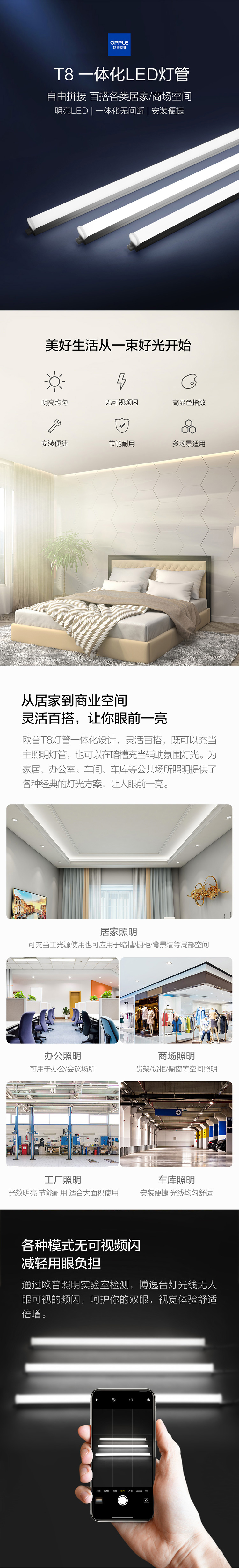 欧普照明(opple)led灯管支架一体化 T8一体化灯管日光灯长条节能灯具【0 6m 白光10瓦】带电源线 融创集采商城